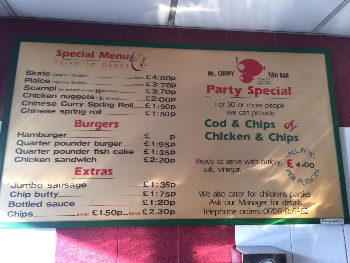 Menu at Mr Chippy restaurant, Grays, 660 London Rd