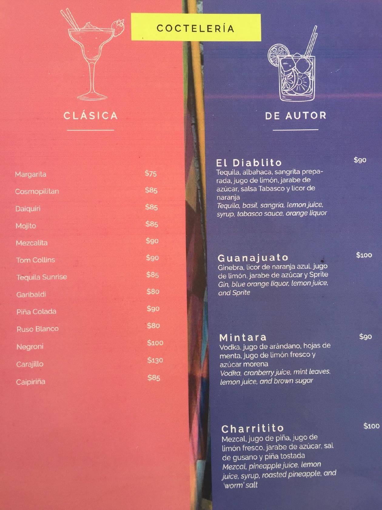 Menu at Sabroso Taquería restaurant, San Miguel de Allende