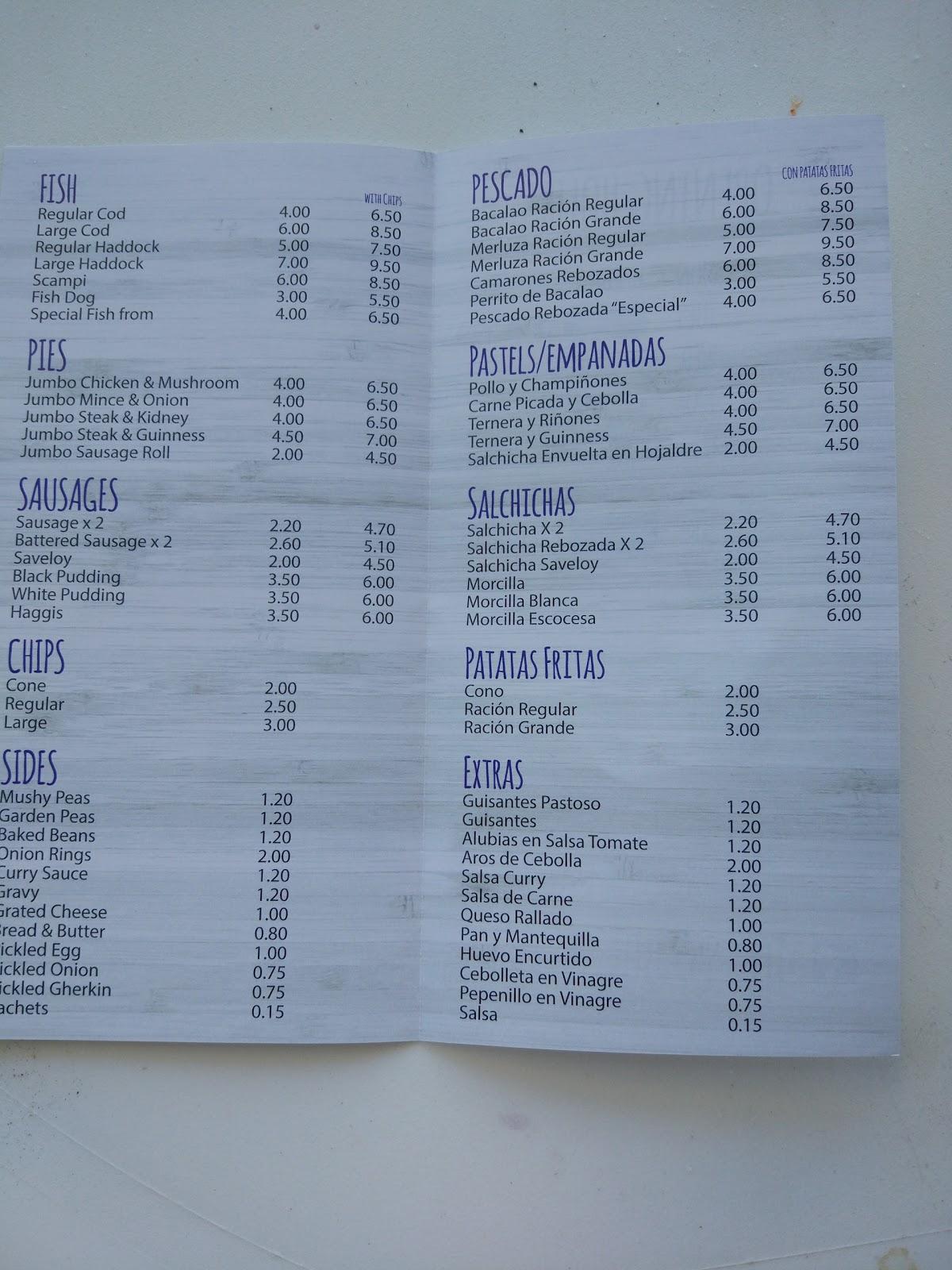 Menu at The Big Fish restaurant, La Cala de Mijas