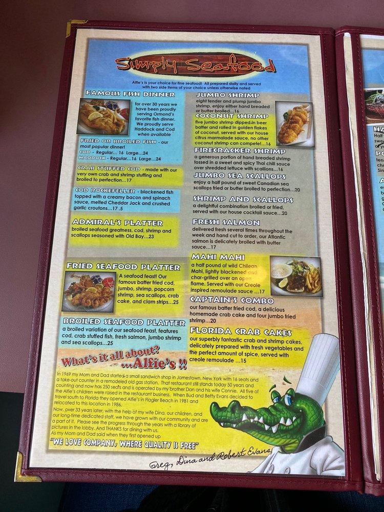 Menu at Alfie's Restaurant, Ormond Beach