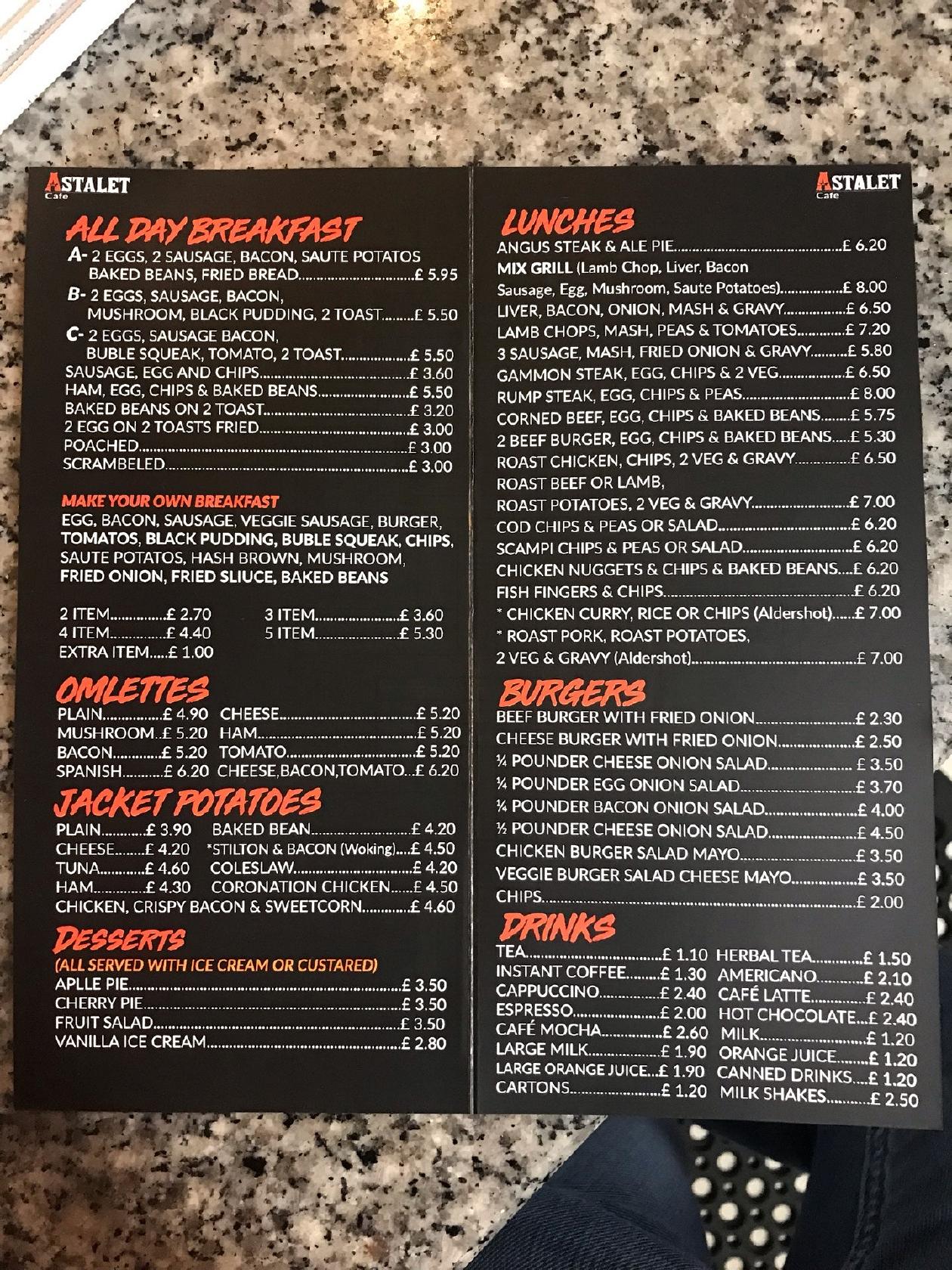 Menu at Astalet Cafe Woking, Woking