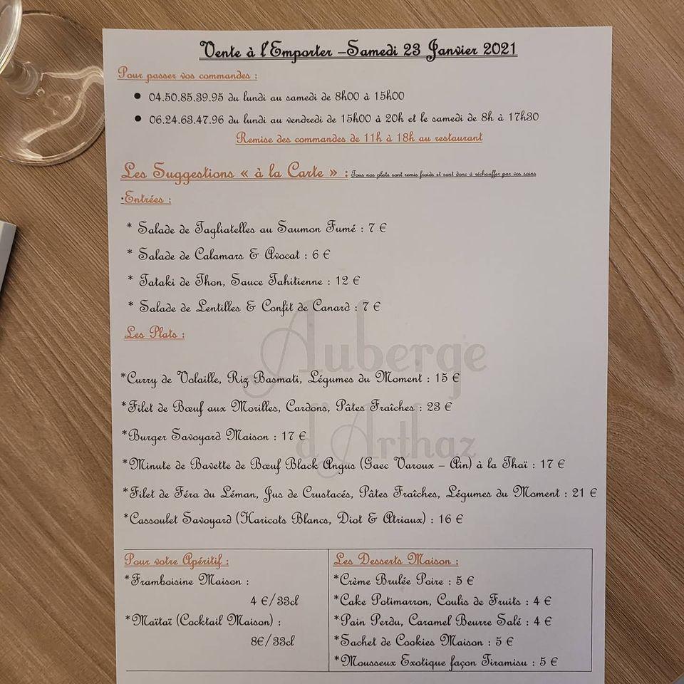 Menu au Auberge d'Arthaz restaurant, Arthaz-Pont-Notre-Dame