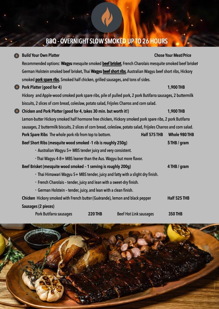 Menu at Billy’s Smokehouse restaurant, Bangkok