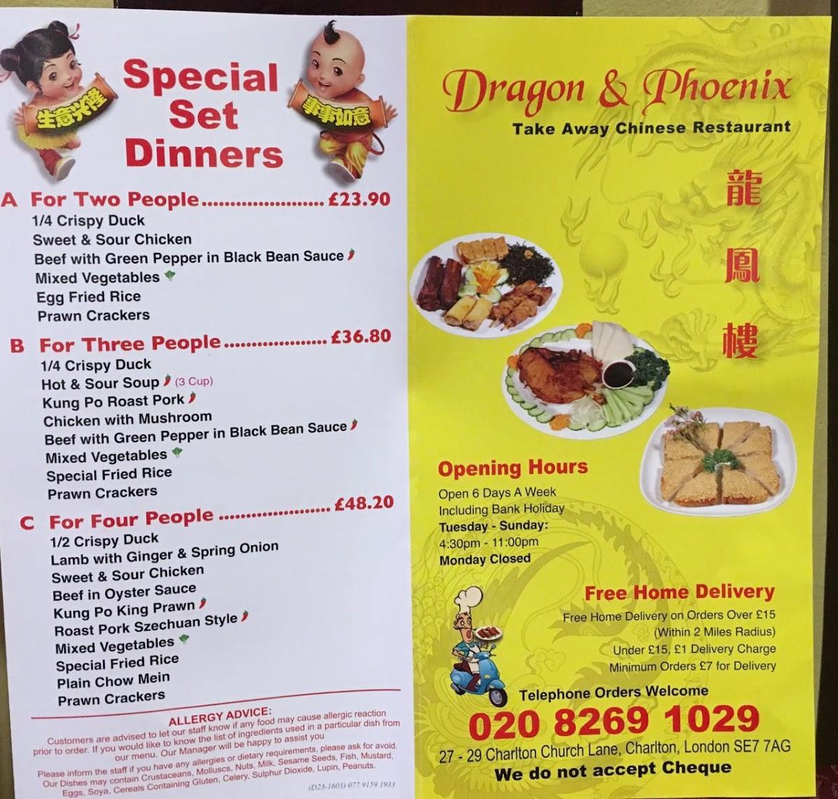 Menu at Dragon & Phoenix restaurant, London