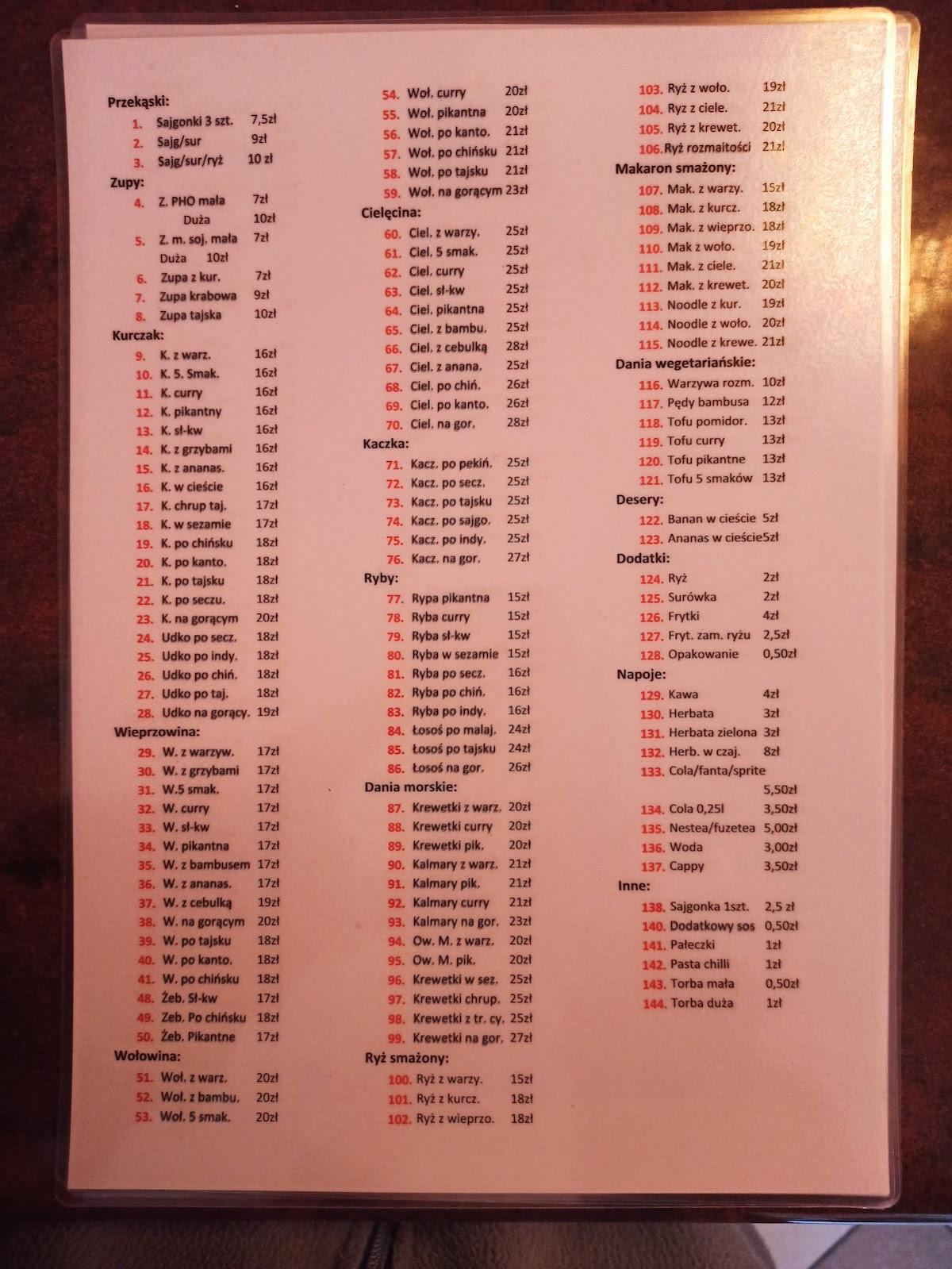 Menu at Ha Noi restaurant, Olkusz