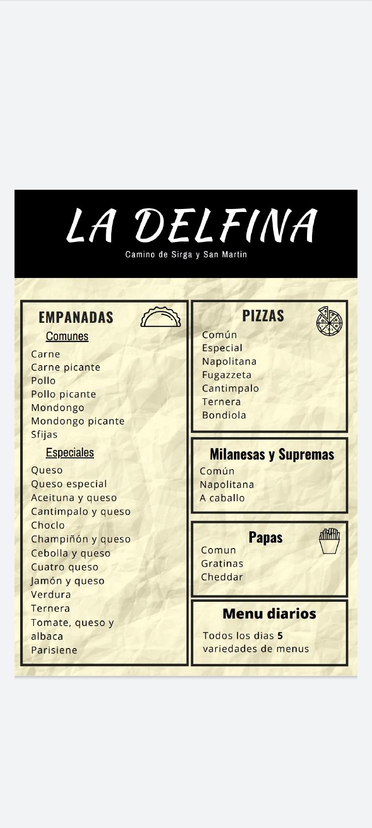 Menu at La Delfina restaurant, Manantial