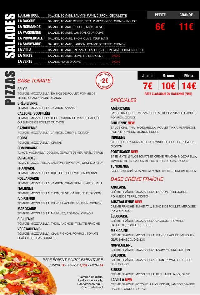 Menu at La Villa restaurant, Chelles