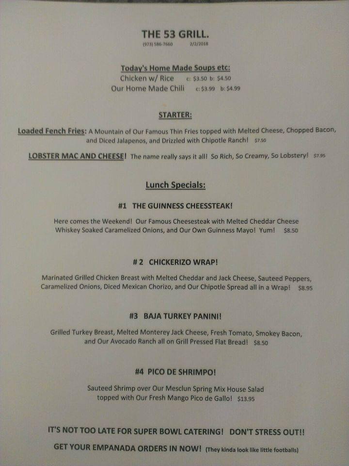 Menu at The 53 Grill cafe, Denville