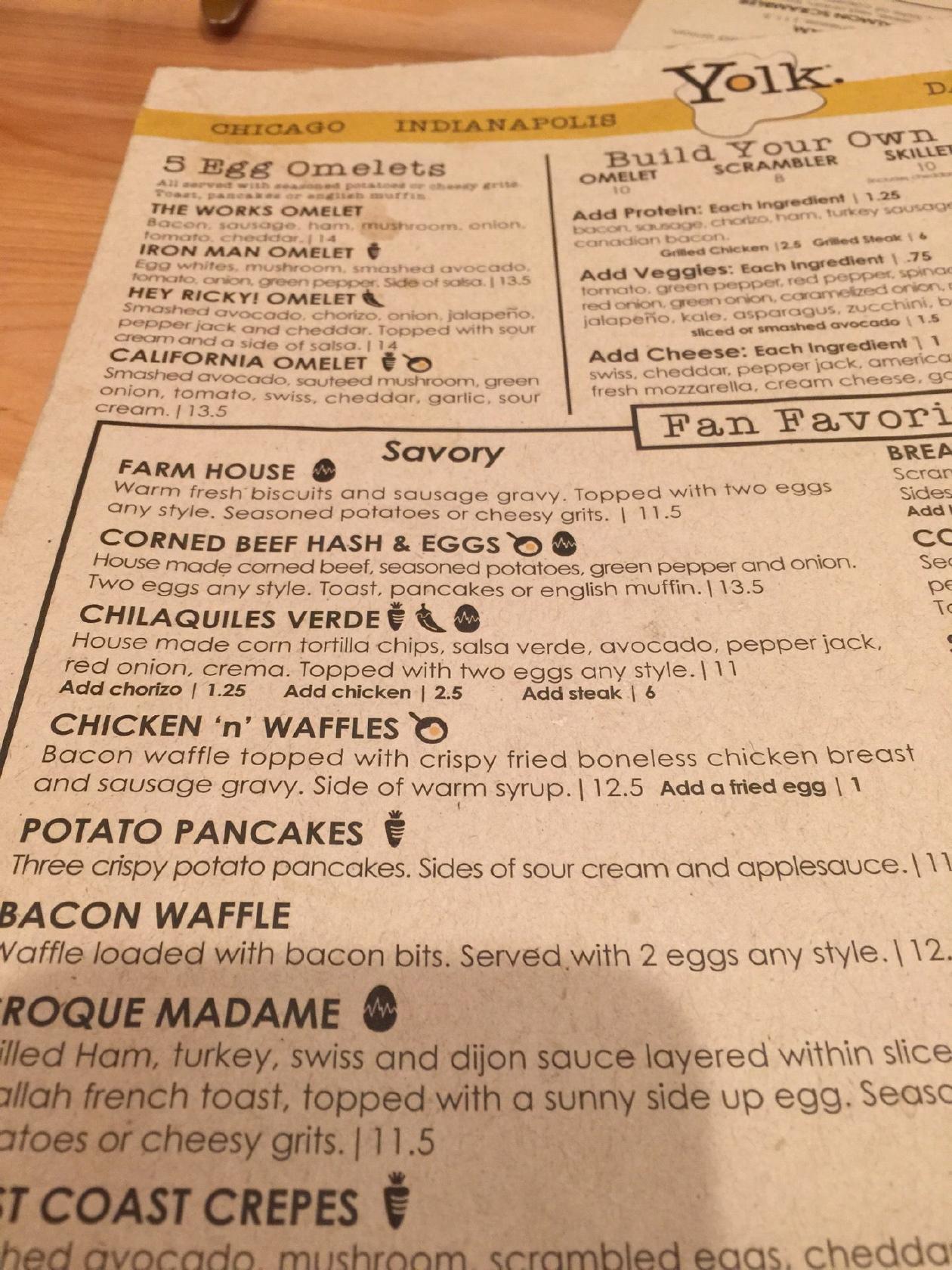 Menu at Yolk - Marina City restaurant, Chicago, 340 N State St