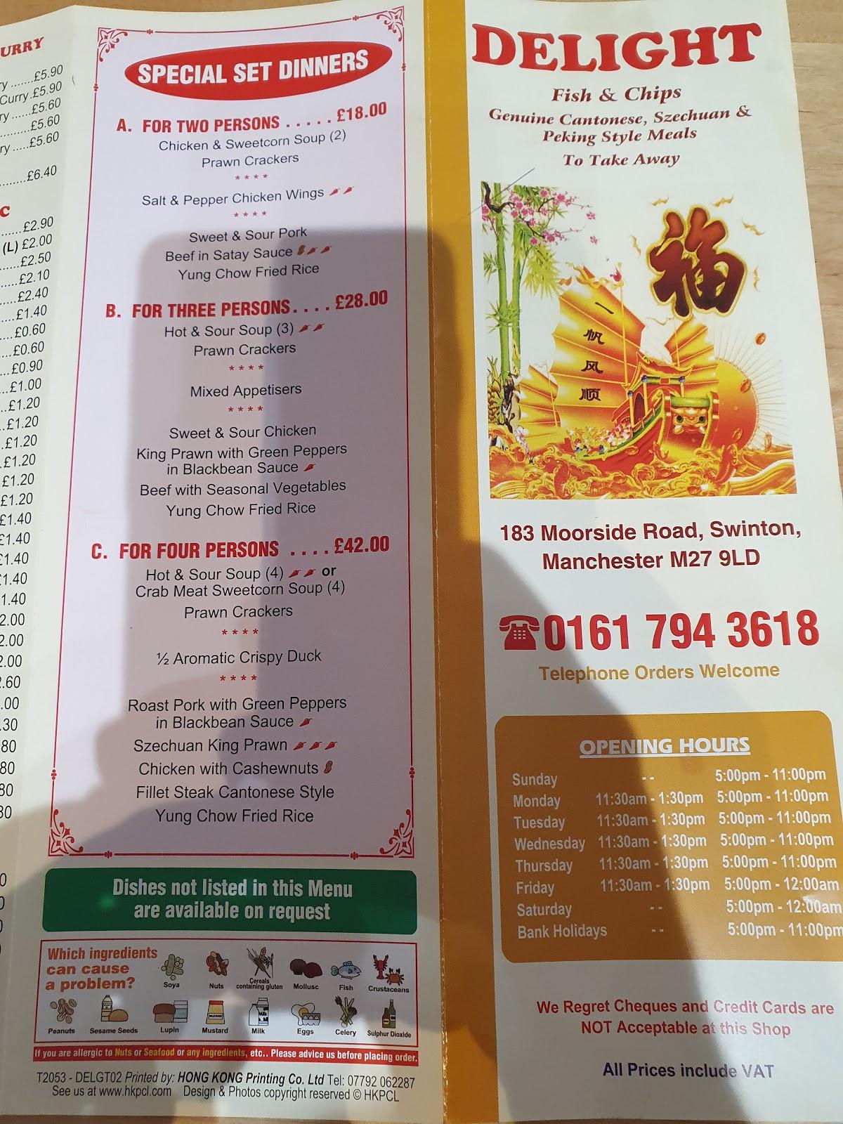 Menu at Delight fast food, Manchester, 183 Moorside Rd