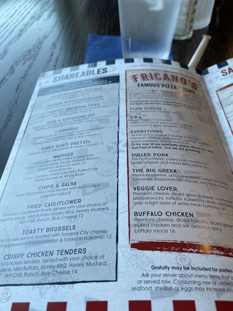 Menu at Fricano's Manistee River pizzeria, Manistee
