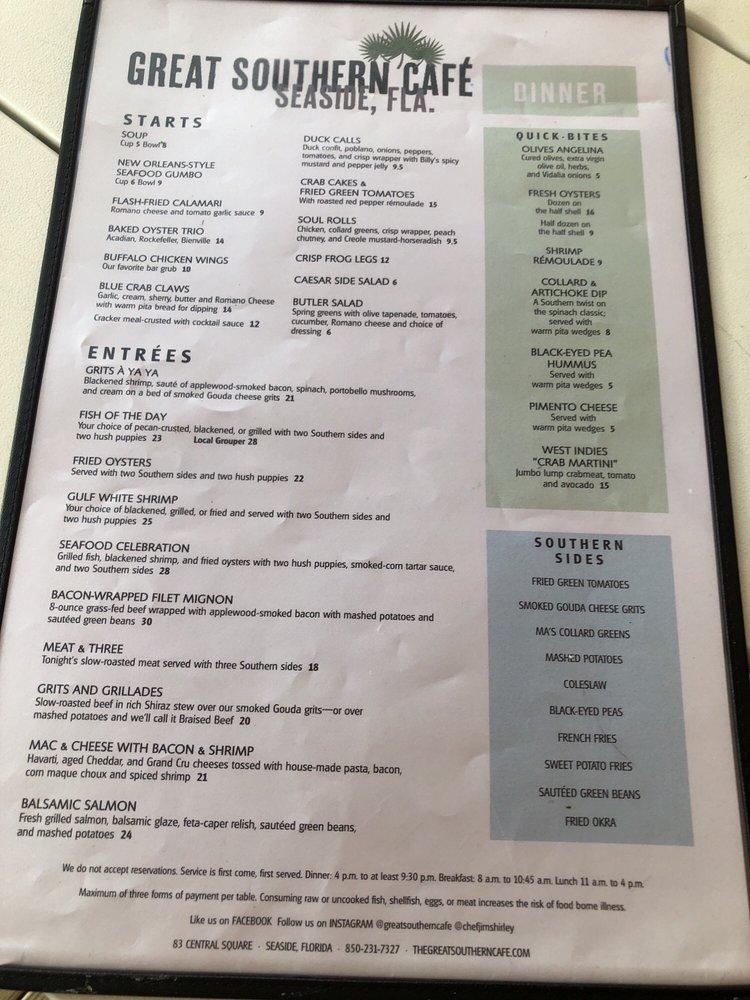 Menu at Great Southern Cafe, Seaside