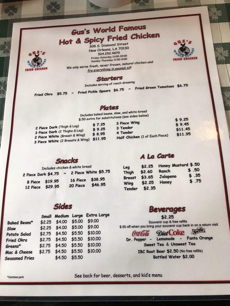 Menu at Gus’s World Famous Fried Chicken restaurant, New Orleans