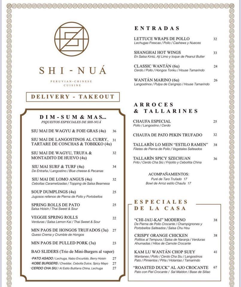 Carta del restaurante Shi-Nua, Lima