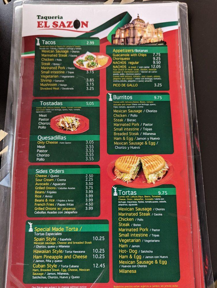 Menu at Taqueria El Sazon restaurant, Batavia