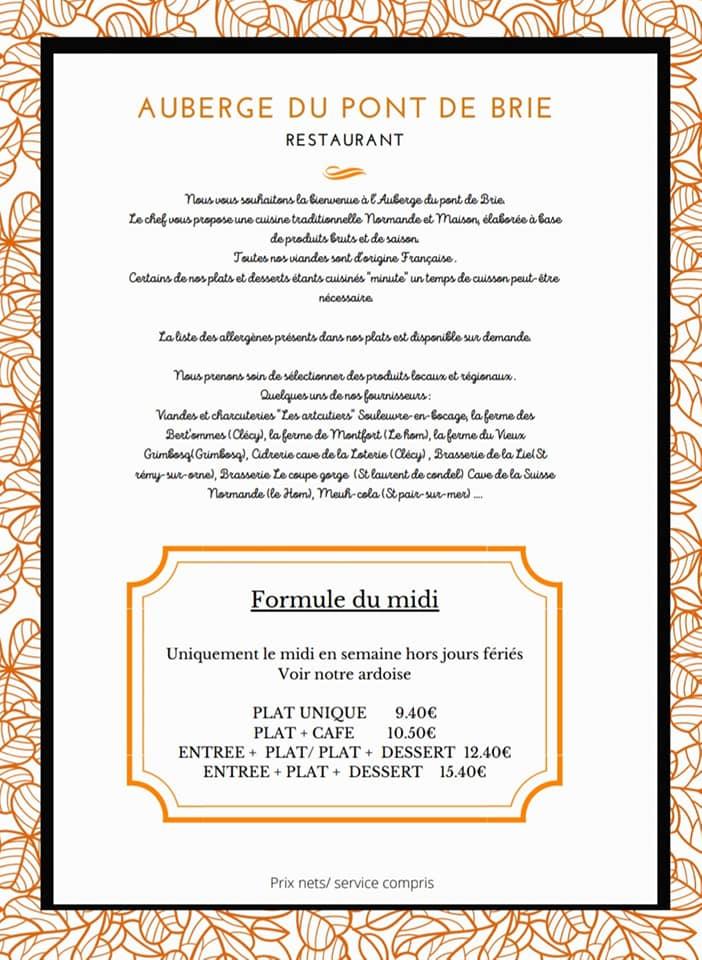 Menu au Auberge du Pont de Brie - FERMÉ restaurant, Goupillières, 2 Rue ...