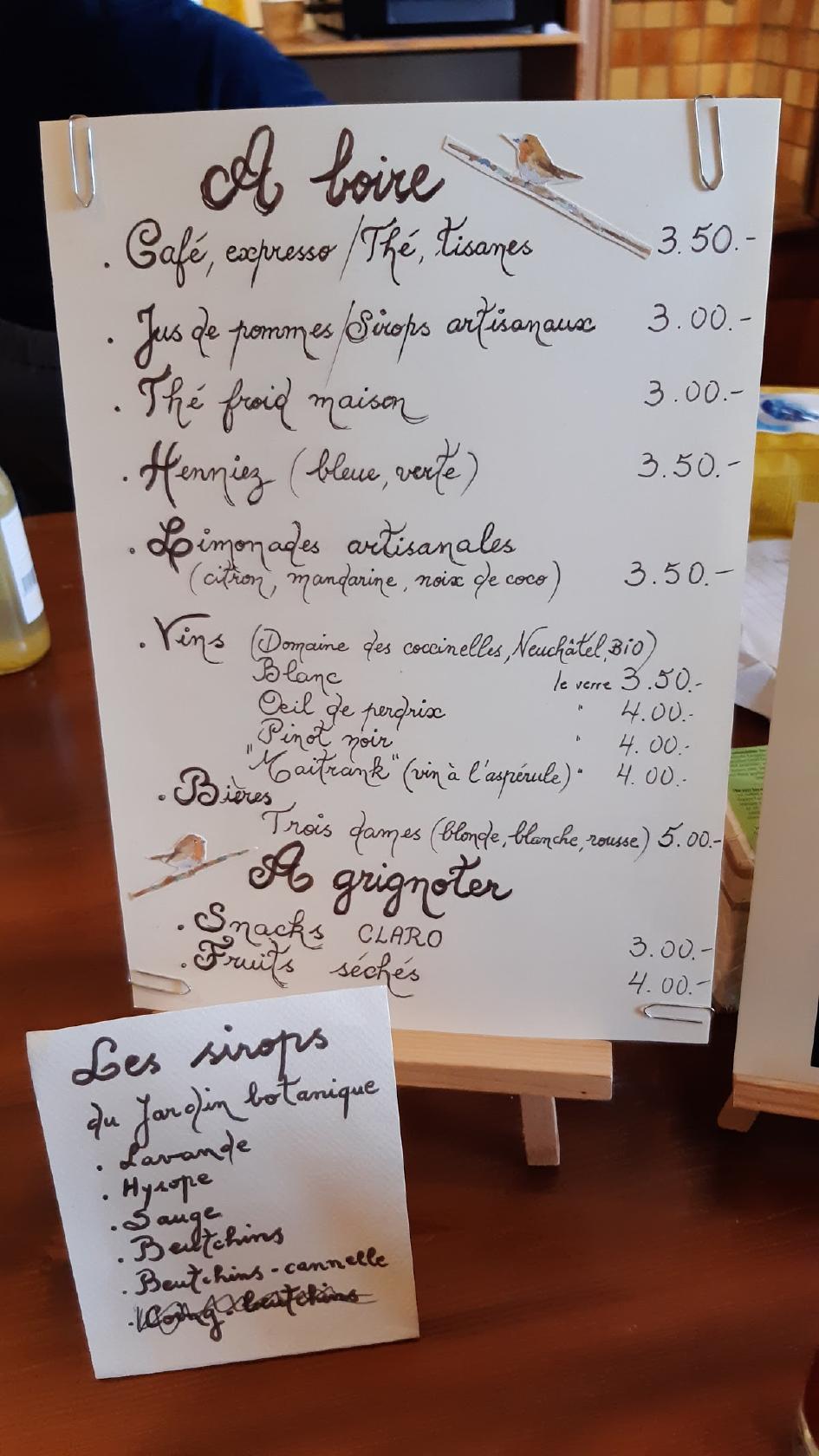 Menu da Café du jardin botanique, Neuchâtel