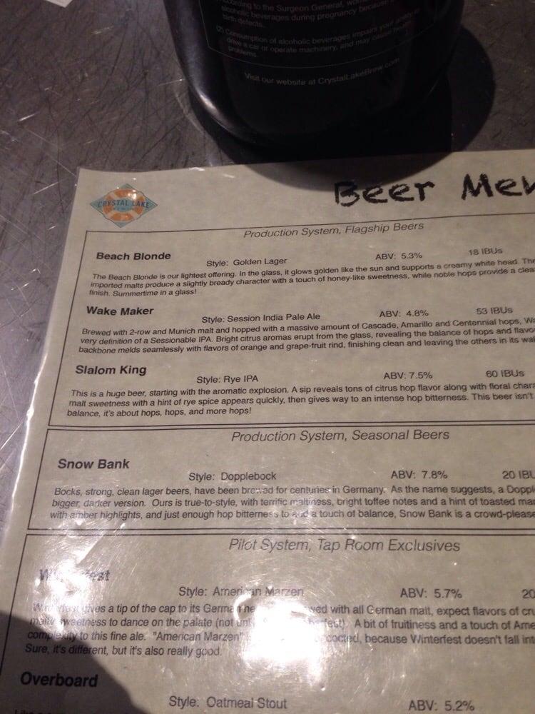 Menu at Crystal Lake Brewing pub & bar, Crystal Lake