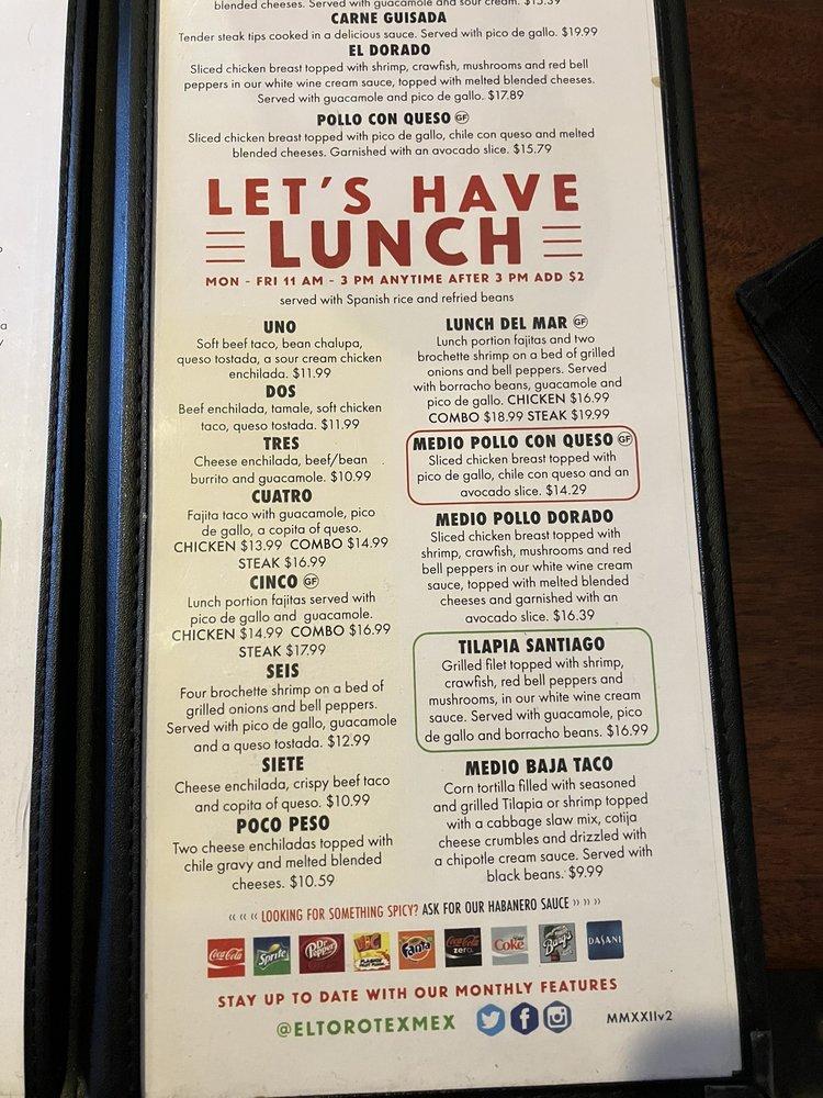 Menu at El Toro Mexican Restaurant - Palestine, Palestine