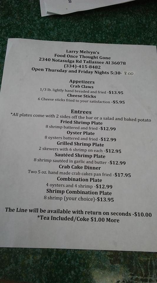 Menu at Larry Melvyn's Restaurant, Tallassee