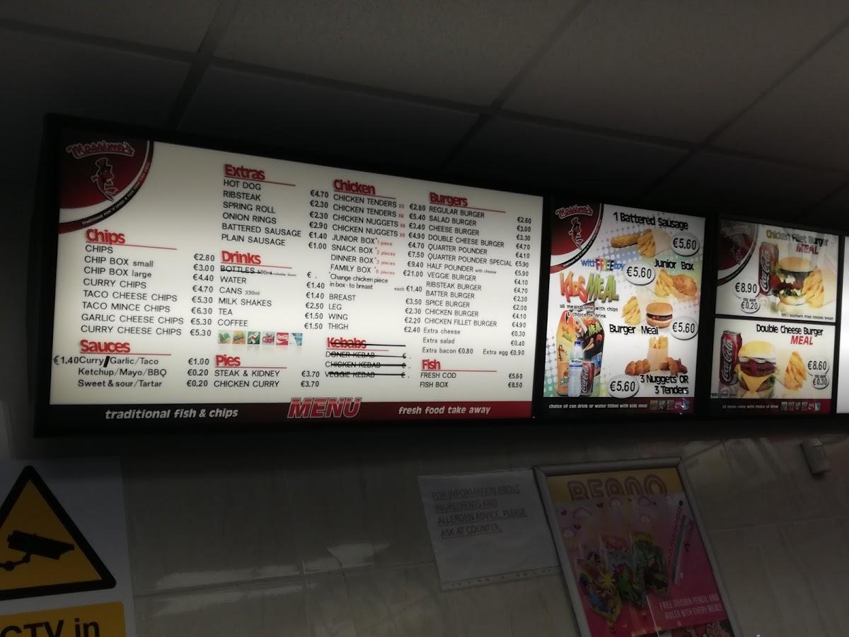 Menu at Massimo's restaurant, Tramore