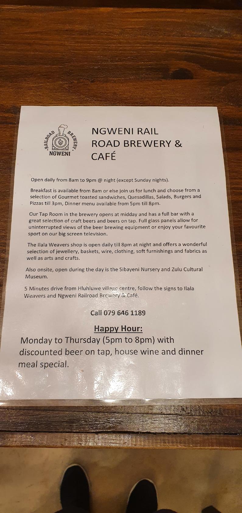 Menu at Ngweni Railroad Brewery & Cafe, Hluhluwe