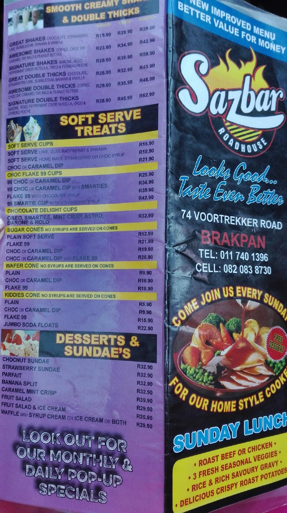 Menu at Sazbar Roadhouse Brakpan, Brakpan