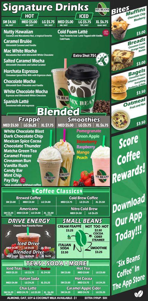 Menu at Six Beans Coffee Costa Mesa restaurant, Costa Mesa