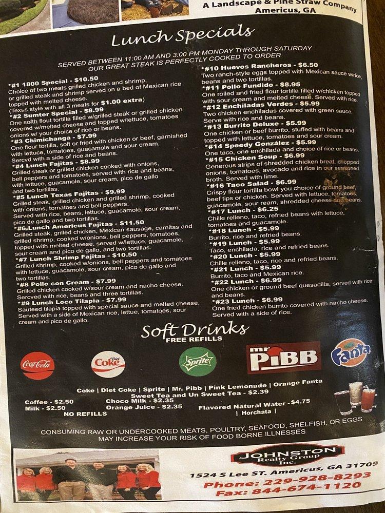 Menu at The 1800 Mexican Restaurant, Americus
