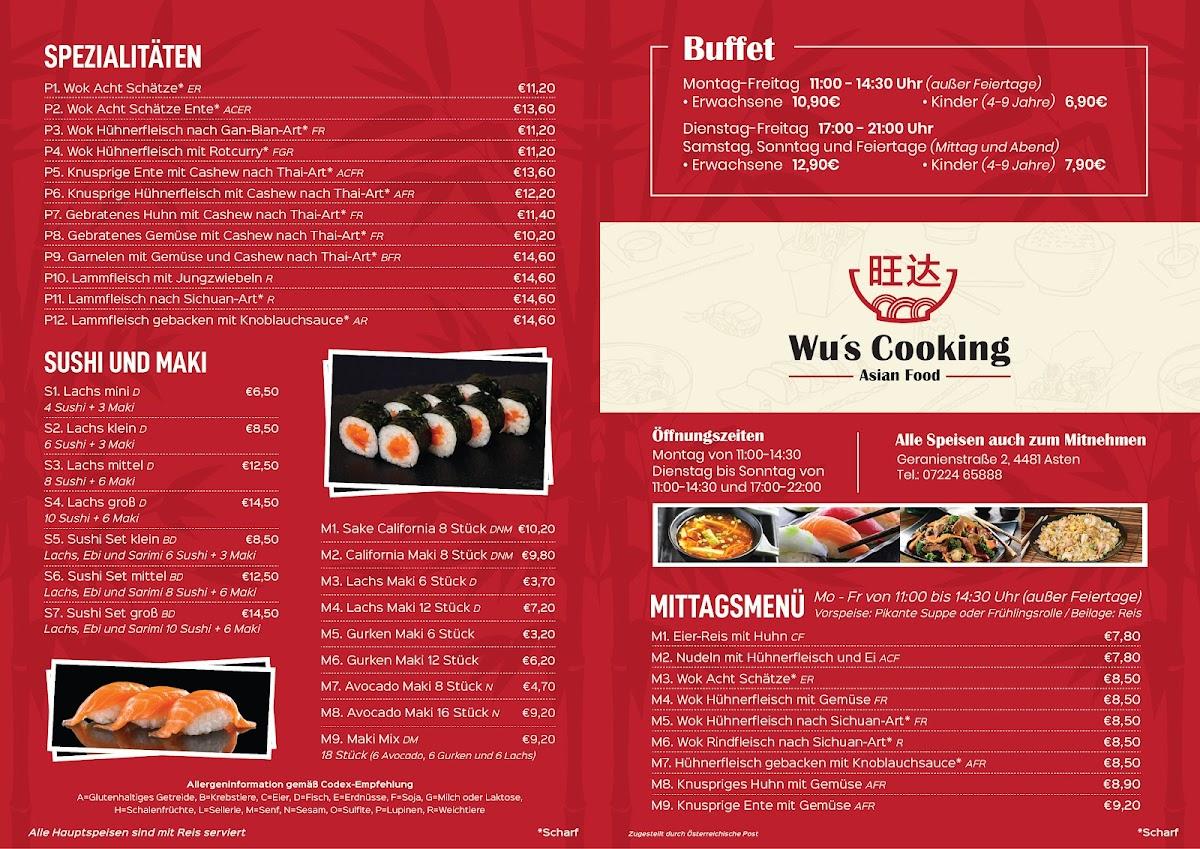 Speisekarte von Wu's Cooking restaurant, Asten
