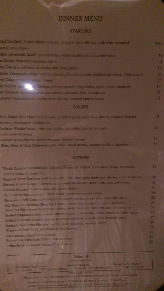 Menu at Blue Ridge Grill desserts, Atlanta