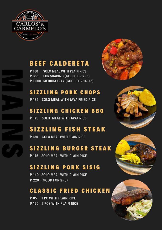 Menu at Carlos' & Carmelo's restaurant, Calbayog City
