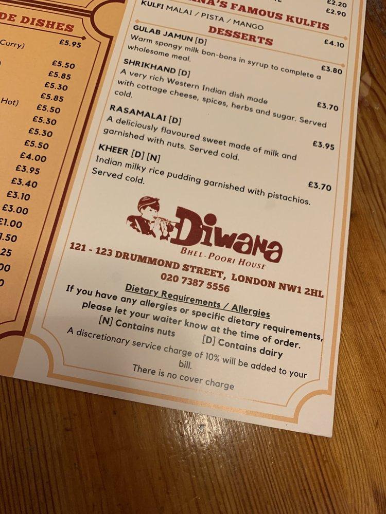 Menu at Diwana Bhel Poori House restaurant, London, 121-