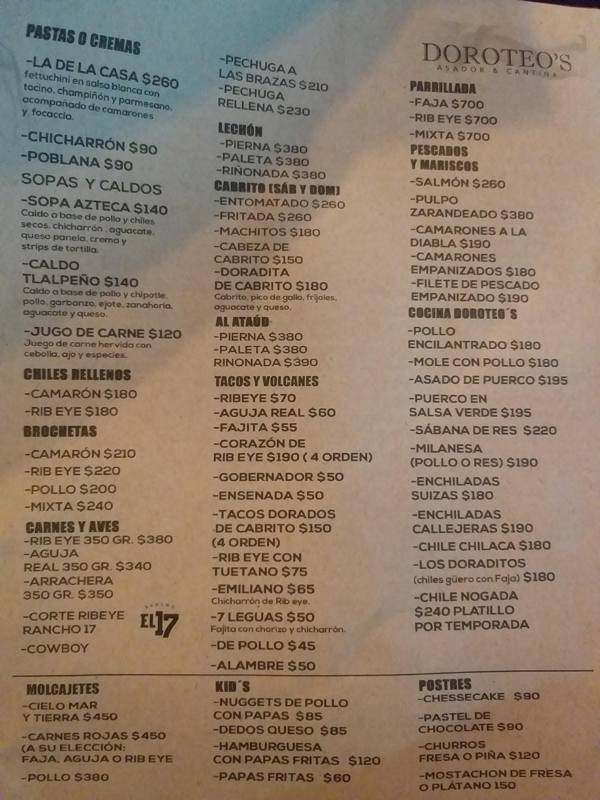 Carta del restaurante Doroteo's, Nuevo Laredo