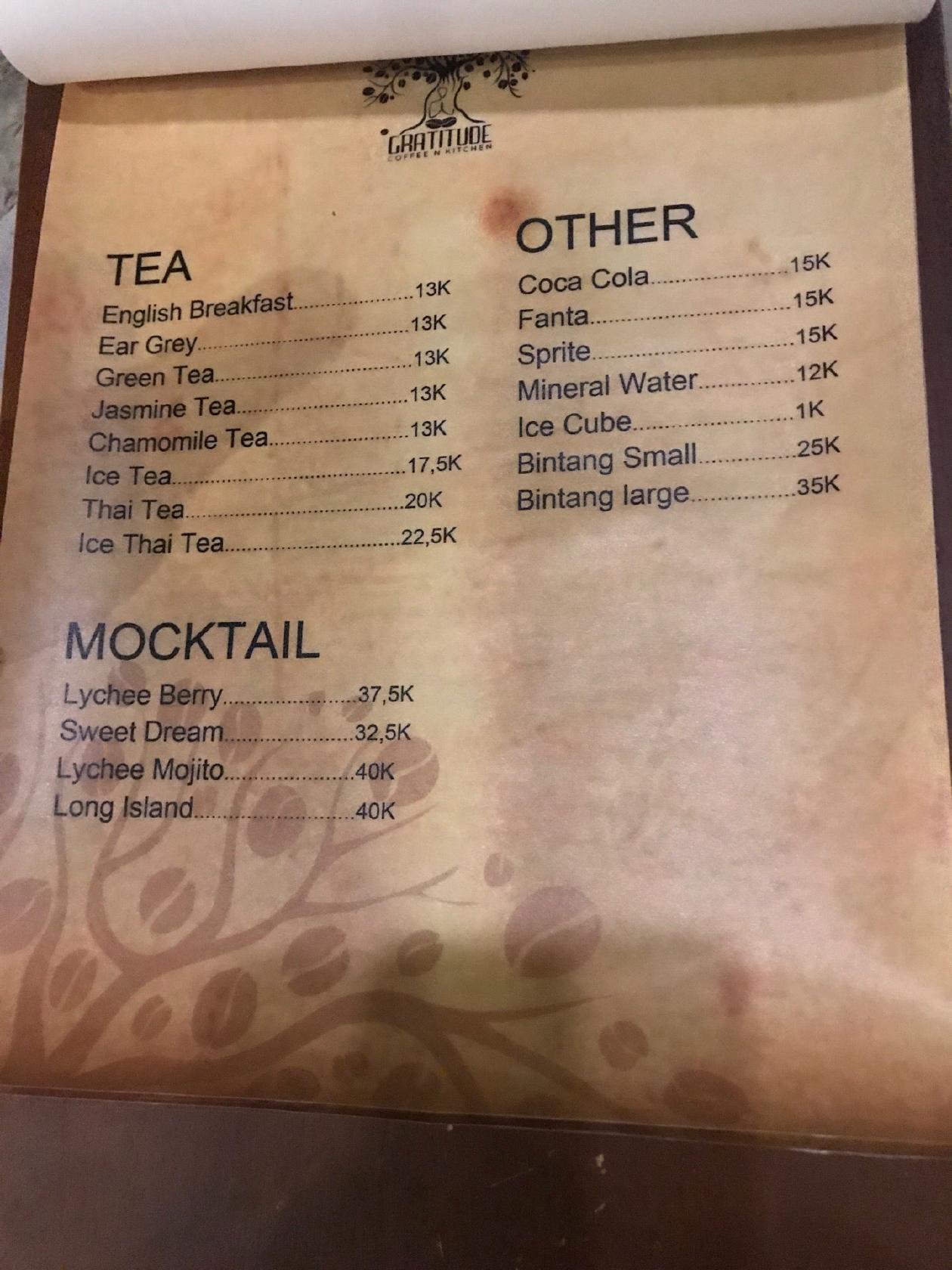 Menu at Gratitude Cafe Ubud, Ubud, Jl. Pestenanan