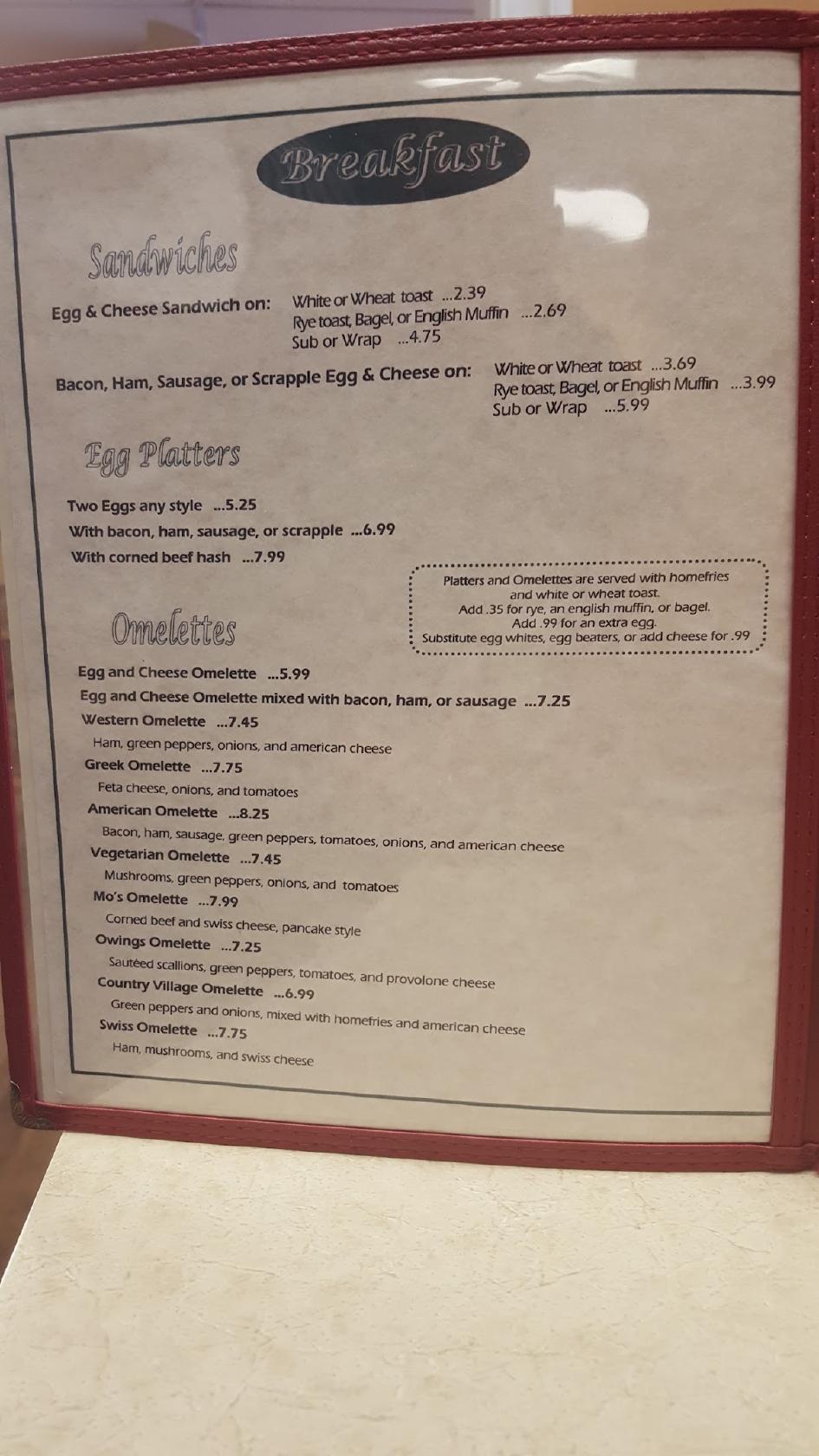 Menu at Mo's Cafe, Eldersburg
