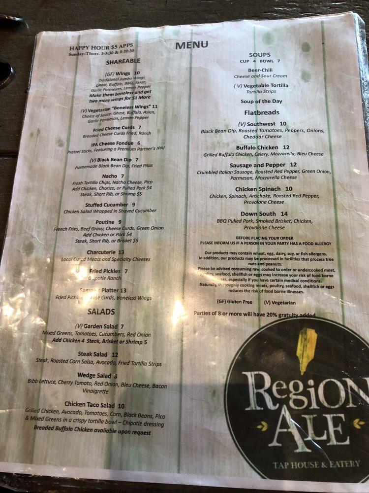 Menu at Region Ale Tap House & Eatery pub & bar, Schererville