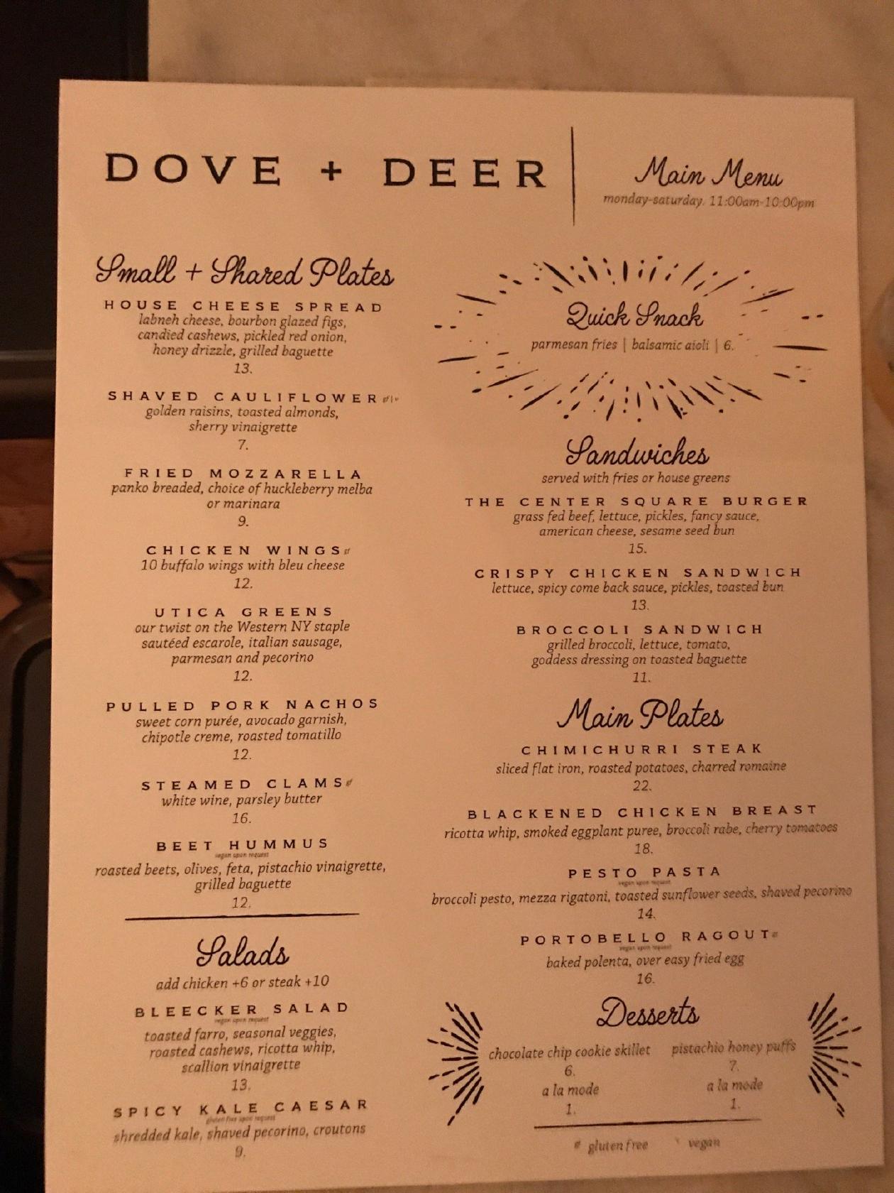 Menu at Dove + Deer pub & bar, Albany