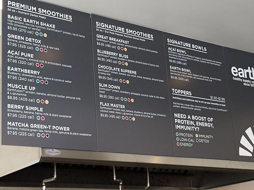 Menu at Earthbar, Hawthorne