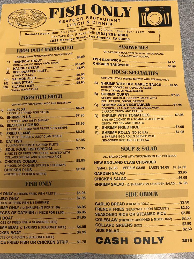 Menu at Fish Only restaurant, Los Angeles, Marengo St