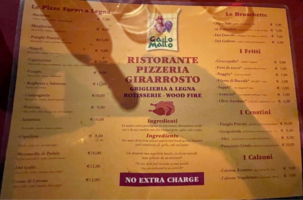 Menu at Gallo Matto restaurant, Rome, Via Cavour