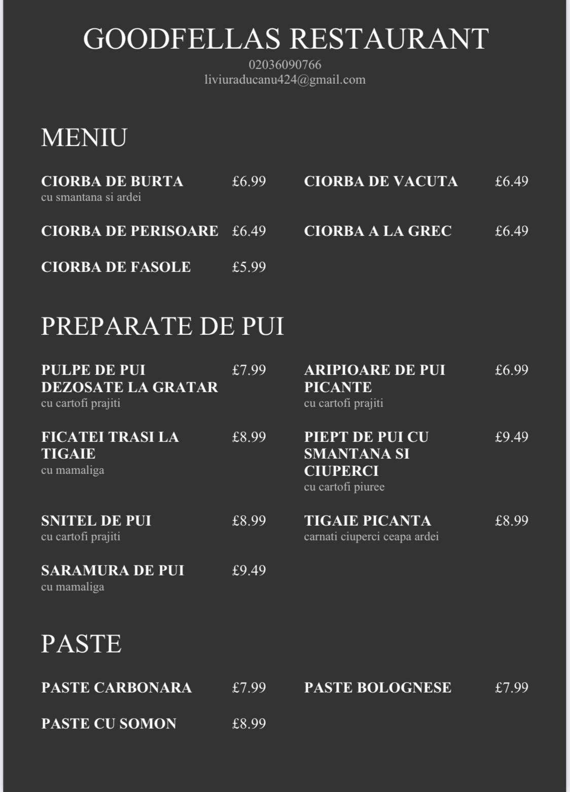 Menu at Goodfellas restaurant, Harrow