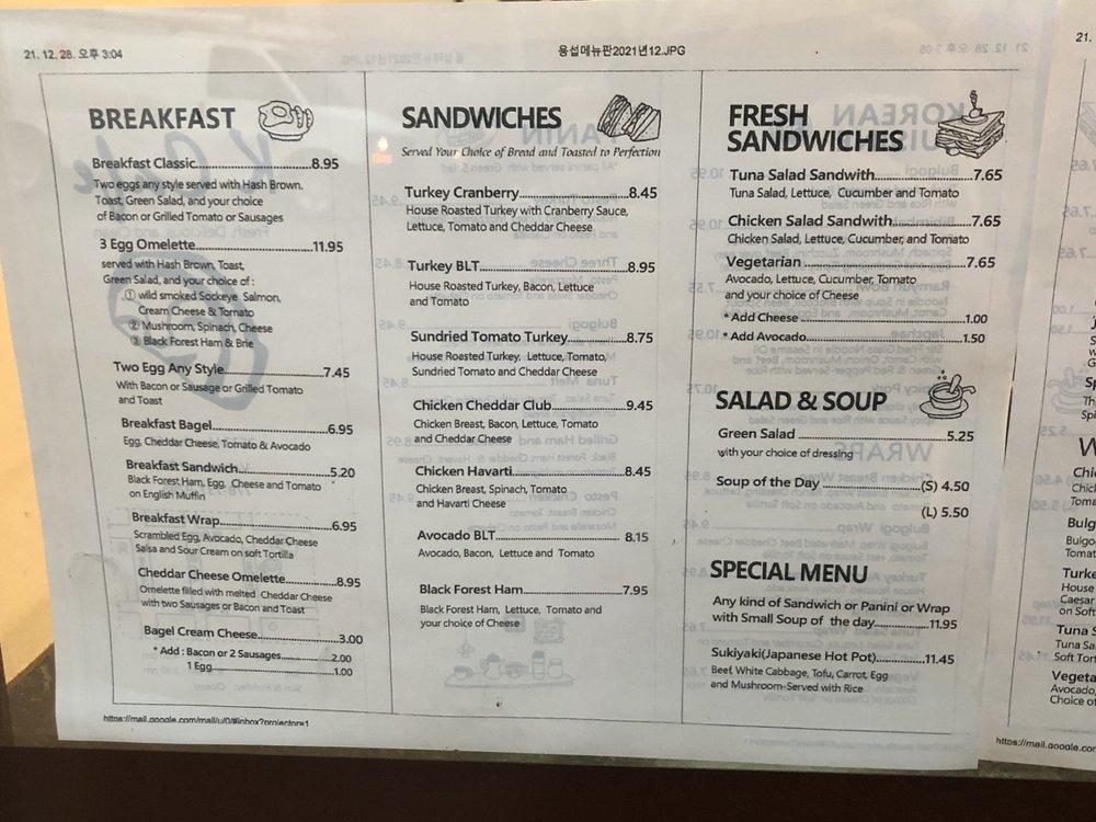 Menu at K Cafe, Vancouver