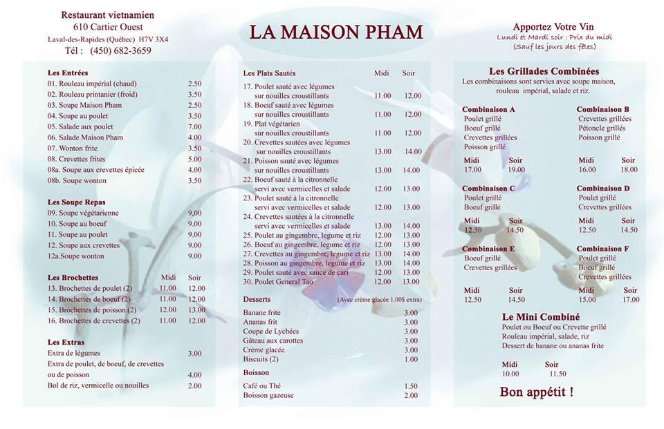 Menu at La Maison Pham restaurant, Laval