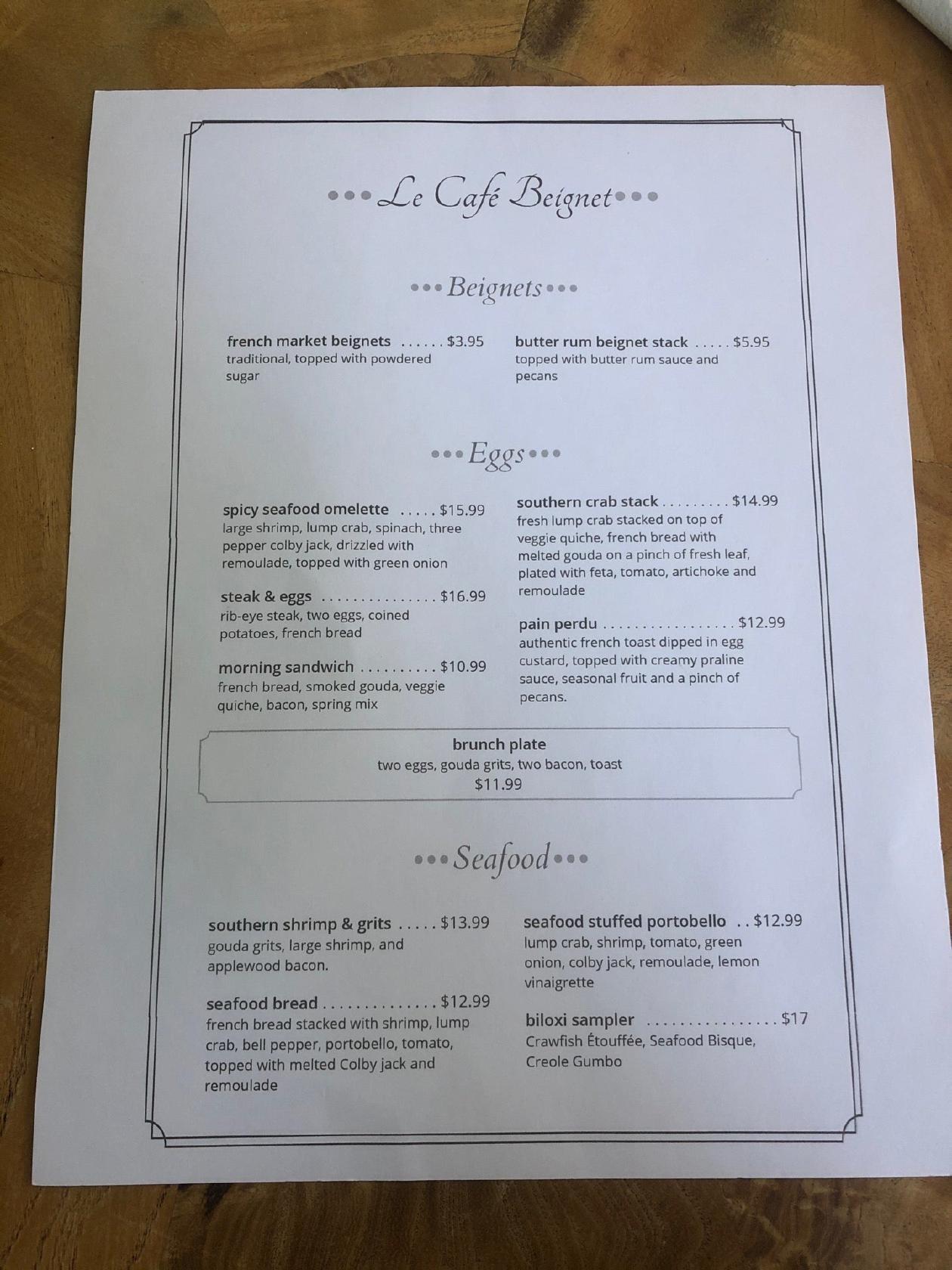 Menu at Le Cafe’ Beignet, Biloxi, 124 Lameuse St