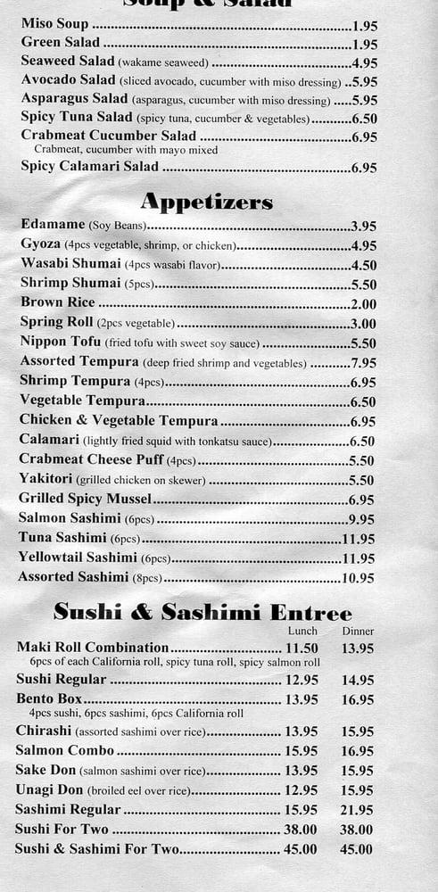 Menu at Nagoya Sushi restaurant, Rockville