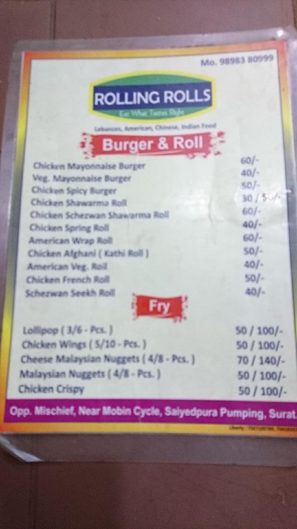 Menu at Rolling Rolls Fast Food Corner, Surat, Pumping Station