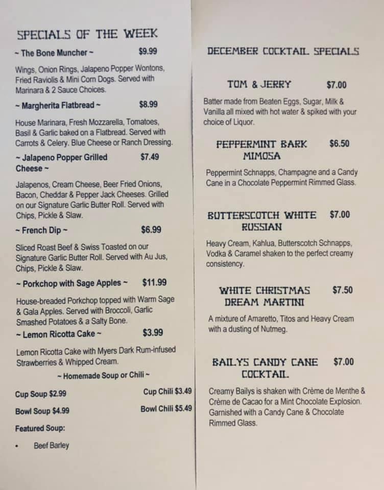 Menu at Salty Bones restaurant, Mosinee
