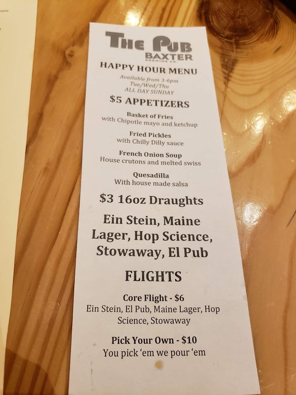 Menu at The Pub at Baxter, Lewiston