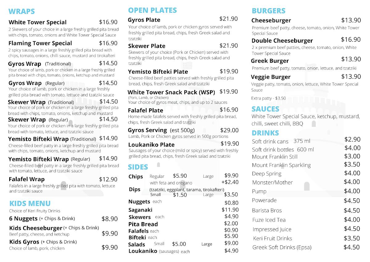 Carta de White Tower Souvlaki Bar and Grill, Pascoe Vale